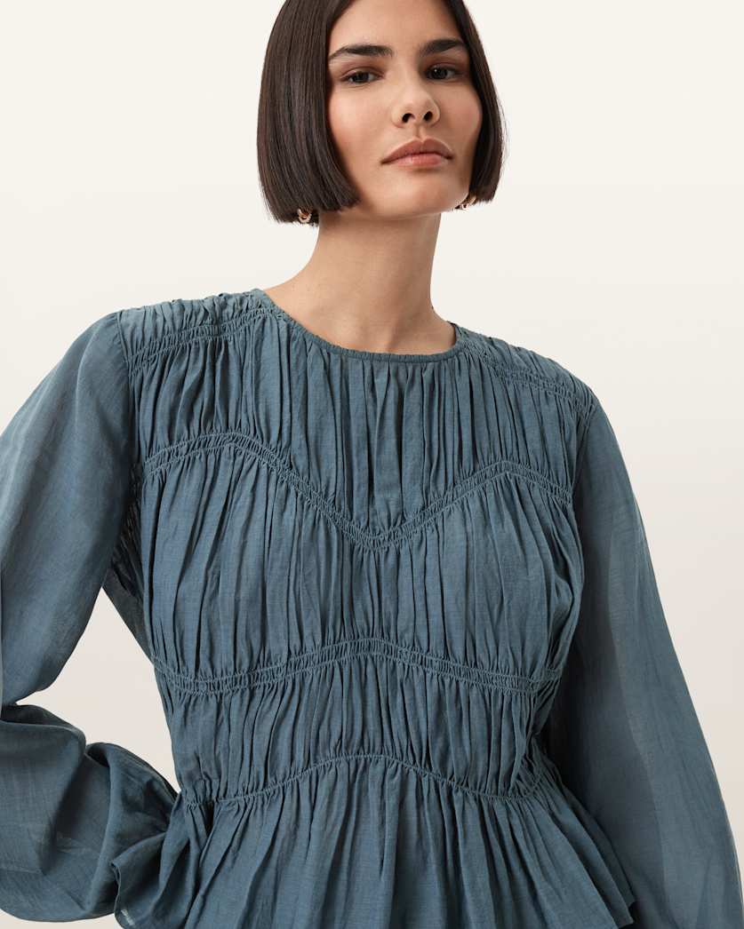 Melani Round Neck Gathered Top DARK SLATE BLUE | ALLSAINTS
